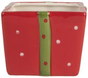 Červeno-zelená vánoční keramická dóza s víkem dárek / balíček – 9x9x11 cm