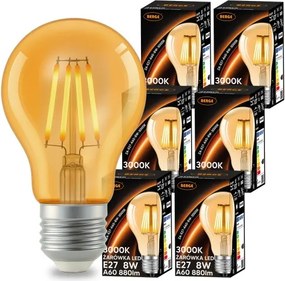 6x LED žárovka E27 a60 8W 880lm 3000k teplá jantarová sada s vláknem
