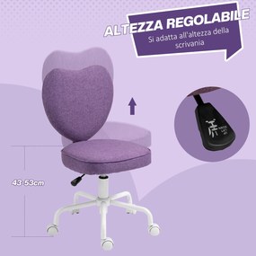 Vinsetto HOMCOM Židle k Psacímu Stolu ve Tvaru Srdce, Kancelářská Židle s 5 Otáčivými Kolíčky a Nastavitelnou Výškou v Textilu, 40x50x79-89cm, Fialová