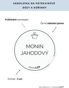 Samolepka na láhev MONIN JAHODOVÝ průměr 5 cm – průhledná vinylová, voděodolná, omyvatelná samolepka na dózy, základní písmo