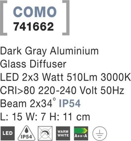 NV 741662 Venkovní nástěnné svítidlo COMO tmavě šedý hliník skleněný difuzor LED 2x3W 3000K 220-240V 2x34st. IP54 světlo nahoru a dolů - NOVA LUCE