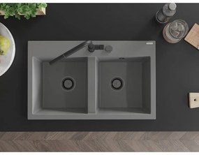 Mexen Hektor, 2-komorový granitový dřez 800x480x205 mm, šedá, grafitový sifon, 6521802000-71-B