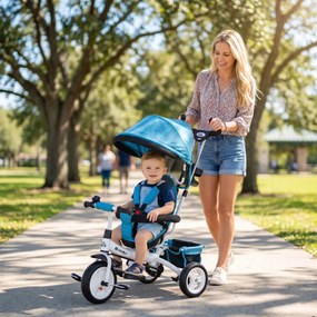 HOMCOM 6v1 Tříkolka s Plochým Řídítkem, Dětská Tříkolka s Odnímatelnou Slunečníků, Balance Bike s 5-bodovým Bezpečnostním Pásem, Košíkem, Držákem na …