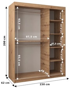 Šatní skříň 150 cm Toki (Dub artisan + Bílá matná). 1064825