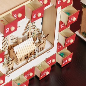 HOMCOM LED adventní kalendář s vesnickou scénou, 24 velkých zásuvek, MDF, 34 x 7 x 34 cm, červená