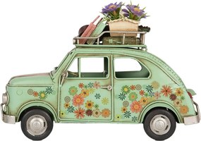 Zelený kovový retro model auta Fiat s květy - 26*12*18 cm