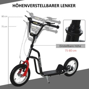 HOMCOM Dětská koloběžka Scooter Městská koloběžka od 5 let s 12palcovými pneumatikami v černé barvě 120x58x75-80 cm pro bezpečnou zábavu při jízdě | …