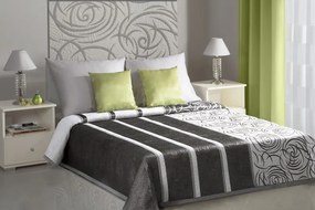 Oboustranný přehoz na postel v bílé a ocelové barvě s ornamenty a pruhy černé barvy