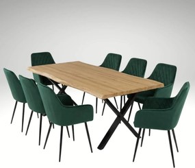 Vikio Jídelní set pro 8 osob 180x90 cm soft dub noha X zelená židle s područkami VJS228-8Z