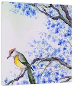 Obraz - Ptáček na stromě s modrými květy (30x30 cm)