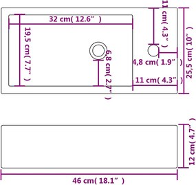 Umyvadlo otvor na baterii obdélníkové keramické bílé 46x25,5x12cm 142343