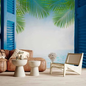 Fototapeta Výhled na oceán - otevřené dřevěné okenice s výhledem na palmy