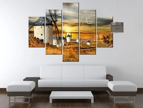 Gario Obraz s hodinami Větrné mlýny ve Španělsku - 5 dílný Rozměry: 150 x 105 cm