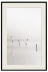 Plakát Mlžná stezka - krajina klacek vyčnívajících z vody na bílém pozadí
