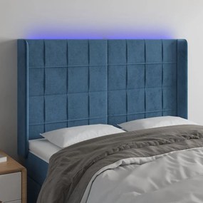 Čelo postele s LED tmavě modré 147 x 16 x 118/128 cm samet 3124100