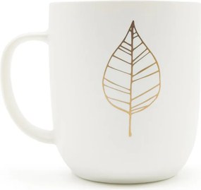Porcelánový hrnek Pure Gold, bílý, 400 ml – tichý luxus, motiv zlatého listu, matný povrch