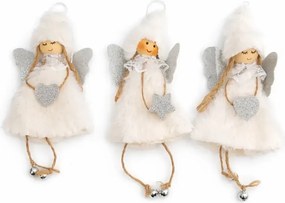 Sada vánočních ozdob andílků 11,5 cm, bílá, dřevo, příze