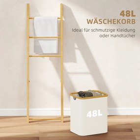 HOMCOM Koupelnový regál, 2-v-1, s 3 tyčemi, odnímatelný koš na prádlo 48 l, bambus, 43 x 35 x 133 cm, krémově bílý
