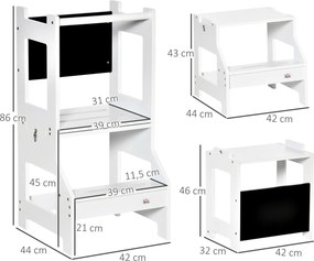 HOMCOM 2v1 Učící Věž Dětský Stolička pro 3+ Let, Převoditelná na Stůl s Tabulí a Bezpečnostním Příčným 42x44x86 cm Bílá