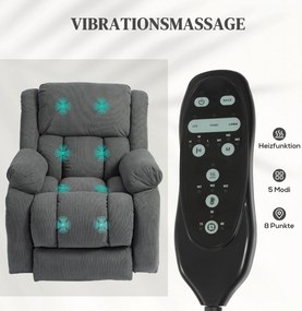 HOMCOM Křeslo pro televizní sledování s masážní a topnou funkcí, elektrické křeslo se vstáváním, dálkové ovládání, boční kapsy, šedá