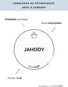 JAHODY – průhledná samolepka na dózu, tučné písmo, 5 cm | DomaLEP