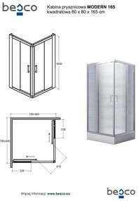 BESCO Čtvercový sprchový kout MODERN 165 BARVA rámu - Chrom/Leštěný hliník (ALU), Rozměr A - 80 cm, Rozměr B - 80 cm, Rozměr C - 165 cm, Směr zavírání - Univerzální Levé / Pravé, Výplň - Fume bezpečnostní sklo - 6 mm BCMD80CTVER65CG