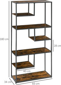 HOMCOM Knihovna v industriálním stylu s 7 policemi - ocelový rám pro obývací pokoj, ložnici a kuchyni - 83 x 34 x 180 cm