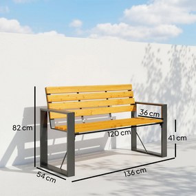 Outsunny zahradní lavice pro 2 osoby — dřevěné lamely s područkami, 136 × 54 × 82 cm (přírodní dřevo)