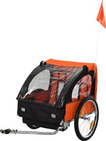 HOMCOM Dětský vozík na kolo se 2 sedadly, 2 bezpečnostními pásy, ocelovým rámem a oranžovým ochranným krytem z Oxfordu