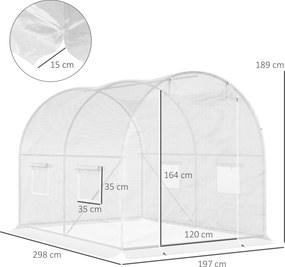 Skleník pochodový tůnel Outsunny 6 m² 3D x 2Š x 1.9V m, Zpevněná pozinkovaná ocel průměr 2.4 cm + Okna z vysokohustotního PE, Bílý