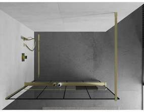 Mexen Kioto+, sprchová zástěna Walk-In s poličkou a věšákem 140 x 200 cm, 8mm čiré sklo černý vzor, ​​zlatý matný profil, 800-140-121-55-77