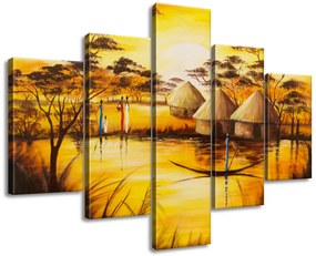 Gario Ručně malovaný obraz Africká vesnice - 5 dílný Rozměry: 150 x 105 cm