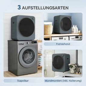HOMCOM Mini sušička prádla 4 kg s 5 programy až do 60℃ 800W/400W odvětrávací sušička s nerezovým bubnem šedá