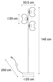 Stojací lampa v art deco stylu černá s kouřovým sklem 3-světlo - Ayesha