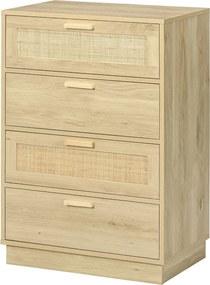 HOMCOM Noční stolek s rattanovými mřížkovými zásuvkami, bohémský styl, komoda do ložnice s protiskluzovým systémem 60x38x88,5 cm přírodní