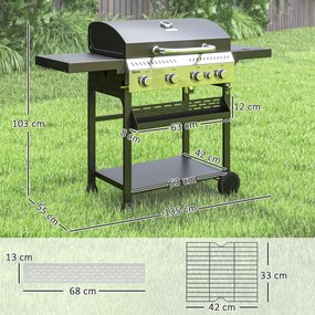 Outsunny Plynový gril, BBQ gril, 4 hlavní hořáky, 1 boční hořák, 1 udržovací plotna; 135 x 55 x 103 cm, černá