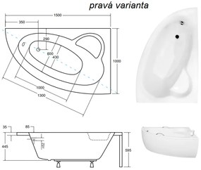 Besco Natalia Premium 150x100 akrylátová vana včetně podhlavníku a úchytů Délka vany: 150cm, Orientace: Pravá