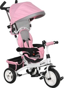 HOMCOM 6v1 Tříkolka s Ovládací Rukojetí, Dětská Tříkolka s Odnímatelnou Sluneční Bublinou, Balance Bike s 5-bodovým Bezpečnostním Páskem, Košík, Držák
