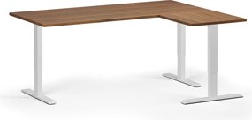 Rohový výškově nastavitelný stůl, 180x140 cm, 3 motory, L/P, bílá podnož, ořech