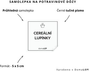 CEREÁLNÍ LUPÍNKY - omyvatelná samolepka na dózu, výběr rozměrů Ø 5 cm / 5 x 5 cm / 6 x 8 cm | DomaLEP tvar: KOLEČKO, barva: PRŮHLEDNÁ - ČERNÉ písmo, velikost: Ø 5 cm - tučné písmo