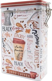 Plechová dóza Coffee Typography, 500 g – bílá, matný povrch, s patentním uzávěrem, s kávovým motivem, na kávu, bylinky, těstoviny a drobnosti