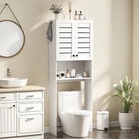 HOMCOM koupelnová polička na toaletu se 2 dveřmi a otevřenou policí, v bílém dřevě, 67x31,5x190 cm