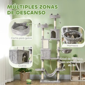 PawHut Kočičí škrabadlo Vysoké 206 cm - Strom pro kočky s plošinami, norami, visícími míčky a houpacími sítěmi, Světle šedá