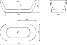 Mexen Roxy, volně stojící vana 170 x 80 cm, bílá-černá, broušený grafit přepad, 51201708075-95