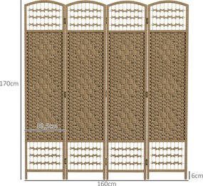 HOMCOM 4-dílný paravan 160x170 cm skládací ochranný screen s papírovým lanem a dřevěným rámem pro ložnici a obývací pokoj přírodní