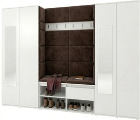 Předsíňová stěna Trinity 10 s čalouněnými panely, 280 cm, bílá / tmavě hnědá