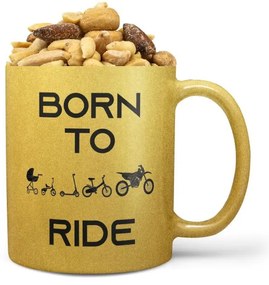 Hrnek Born to ride motocross – zlatý (Náplň hrníčku: Směs slaných oříšků)