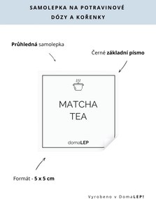 MATCHA TEA – průhledná samolepka na dózu, základní písmo, 5 × 5 cm | DomaLEP