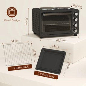 HOMCOM 28 L toustovací trouba, kompaktní trouba na vaření a grilování, elektrická trouba s pečicím plechem, roštem, 2600 W, černá