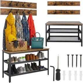 Botník s lavicí a věšákem RUHHY 27037 73 cm, industriální loft, hnědá deska